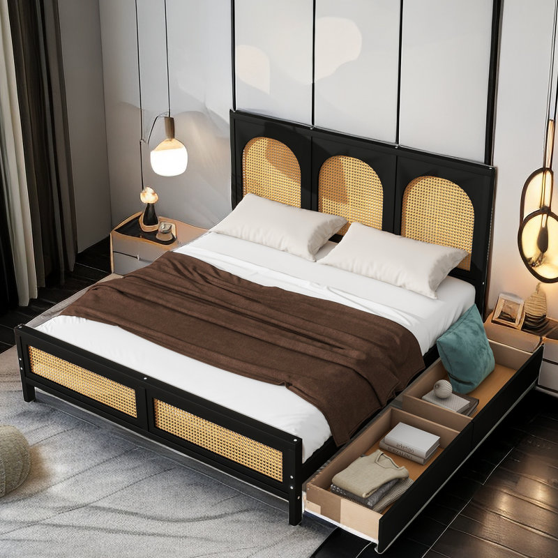 Bay Isle Home Aloysia Platform Storage Bed with Rattan Headboard and Footboard Reviews Wayfair